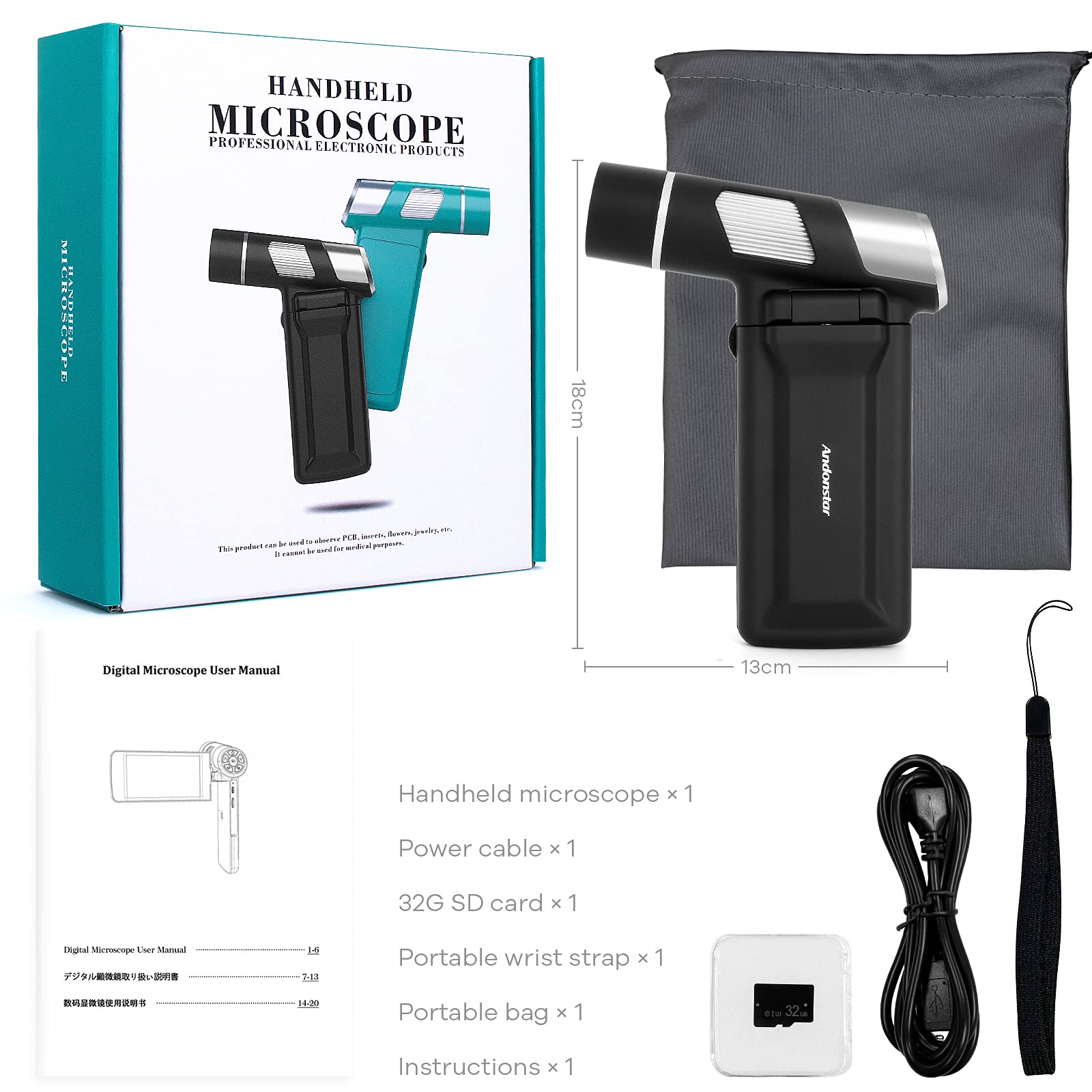 Andonstar AD203 Handheld Digital Microscope, 1080P FHD Portable Pocket Microscope, USB Microscope Camera for Kids Adults, 4'' Rotatable Screen, Coin Electronic Magnifier, Windows Compatible, 32GB
