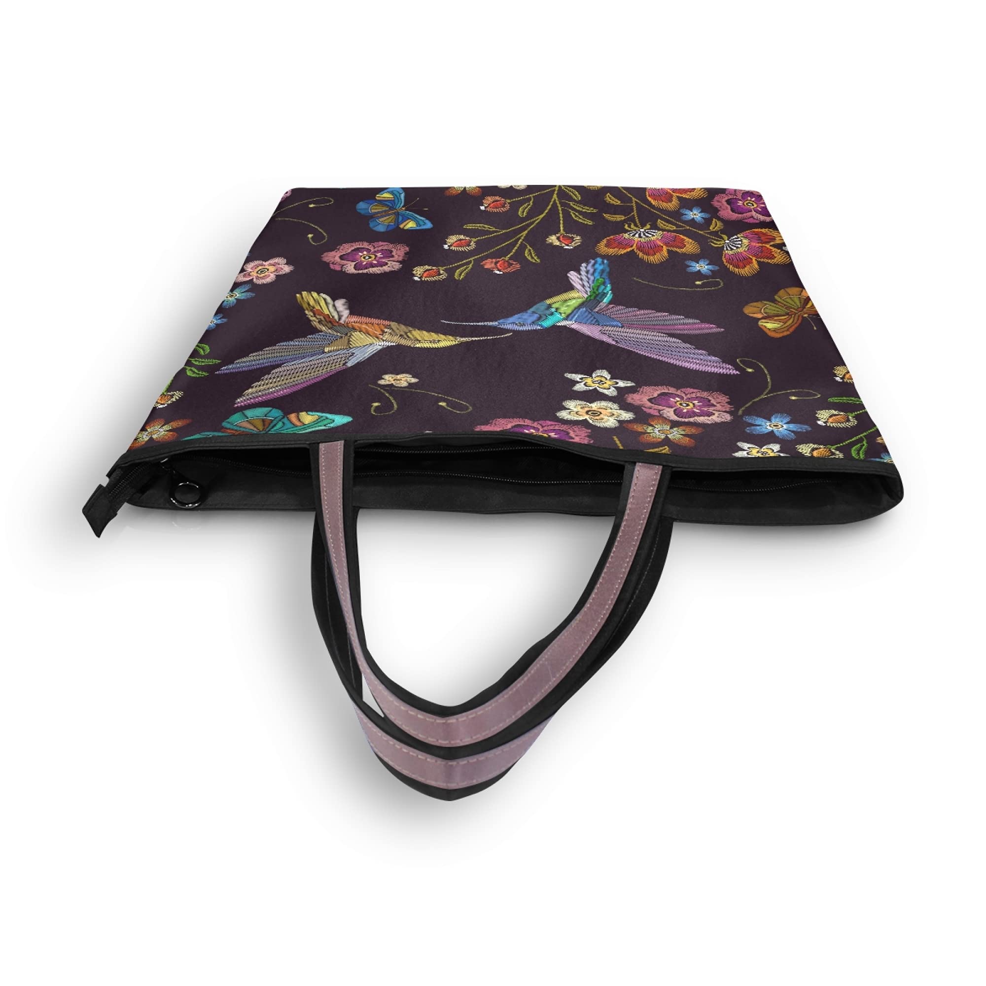 linqin Women's Shoulder Handbags Tote Purse with Zipper closure Humming Bird And Tropical Flowers Embroidery
