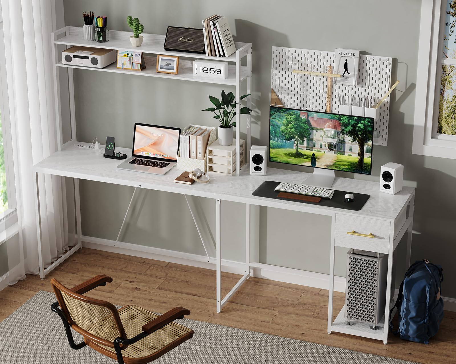 Bergoolin L Shaped Gaming Desk with LED Lights & Power Outlets, Reversible L Shape Computer Desk with Storage Drawer & Shelf,2 Person Home Office Corner Desk Black