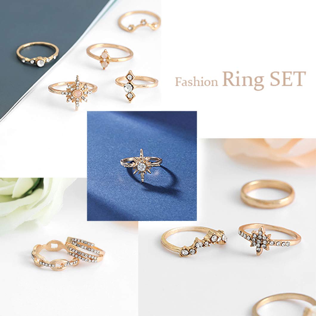 Allbuy Conifor Boho Stackable Rings Women Crystal Kunckle Ring Stacking Rhinestone Joint Mid Finger Rings Set for Women and Girls (A-Gold(17Pcs))