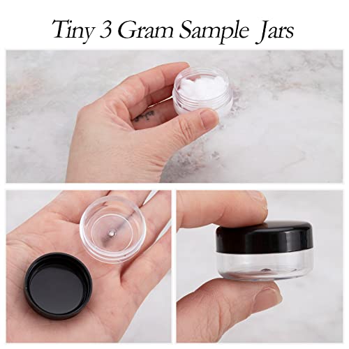 ZEJIA 3 Gram Sample Containers with Lids,75Pack Tiny Sample Jars with Labels, Mini Plastic Cosmetic Containers for Beauty Products, Lip Balms, Lotion, Powder (Black Lids)