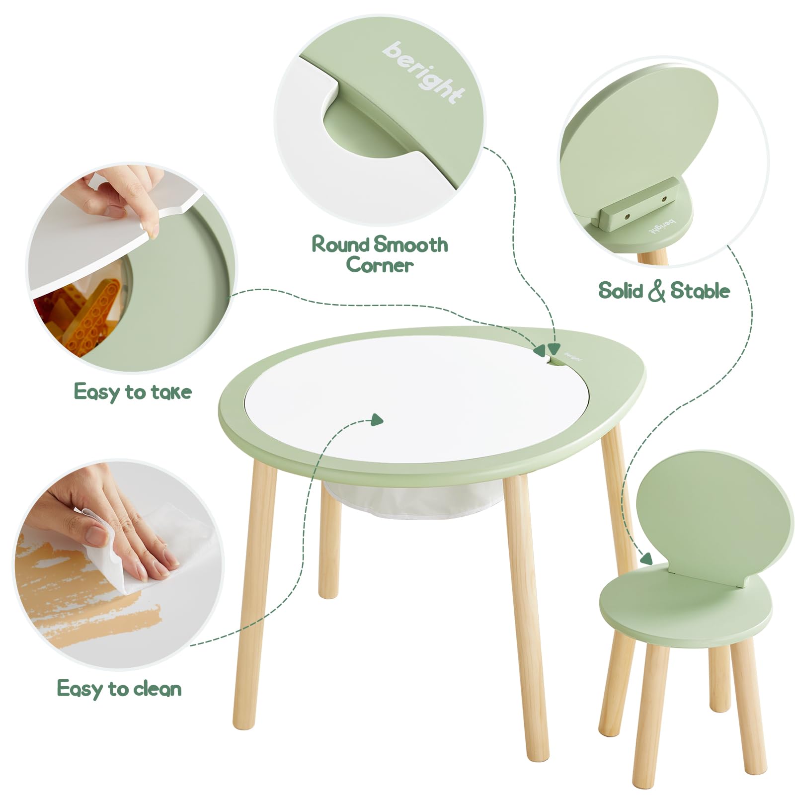 Beright Kids Table and Chairs Set, Kids Wooden Play Table with 2 Chairs, Kids Round Table for Toddlers, Suitable for Bedroom, Playroom and Kids' Room, with Removable Top Panel and Storage Bag, Green