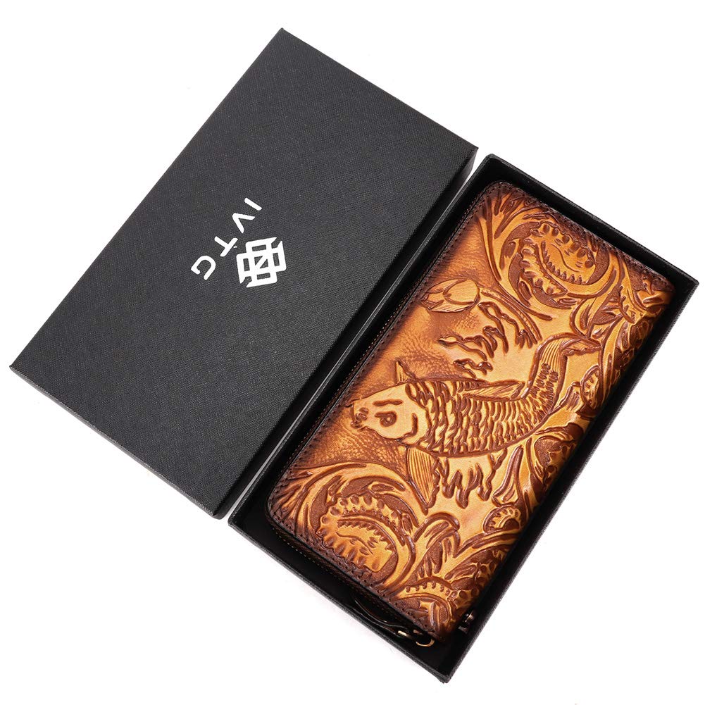 Genuine Leather Wallet Women's Zip Around Wristlet Long Purse Vintage Embossing Cowhide Capacity Handmade Clutch (Brown)