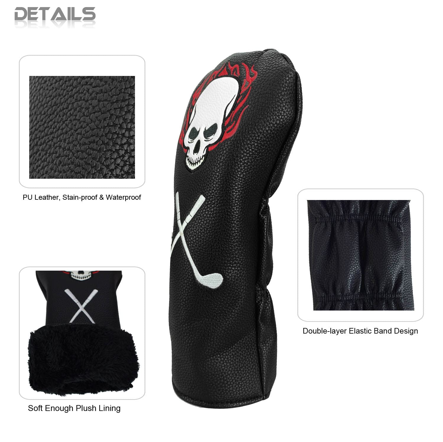 Asports Use Golf Head Cover, Golf Skull Skeleton Club Head Cover Fits Driver Fairway Wood Hybrid with Interchangeable Number Tag