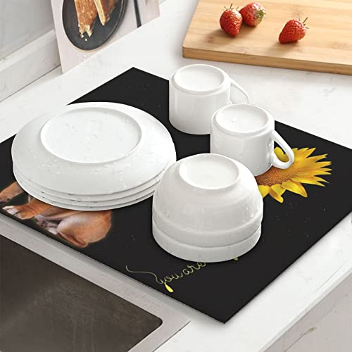 Funny Dog with Sunflower Printed Drying Mat For Kitchen Ultra Absorbent Microfiber Dishes Drainer Mats Non-Slip Silicone Quick Dry Pad - 18 X 16inch