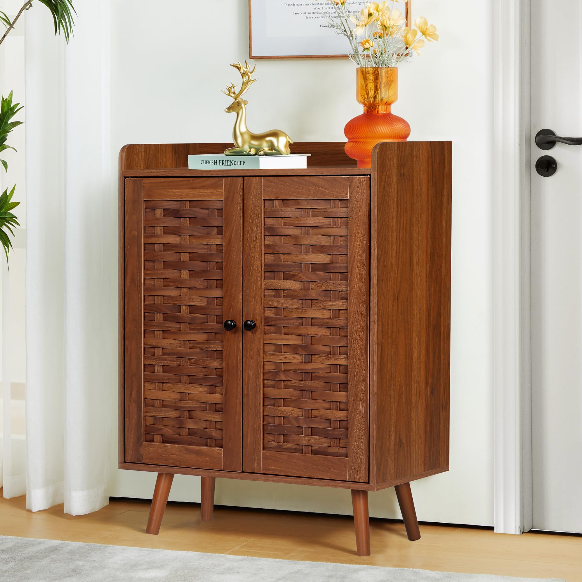 NVETHM Shoe Cabinet, Shoe Storage Cabinet with Two Rattan Doors and Adjustable Shelves, Free Standing Shoe Rack for Entryway, Living Room (Walnut)