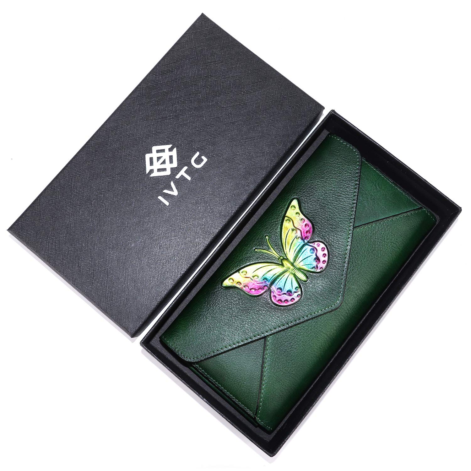 Genuine Leather Wallets for Women RFID Blocking Purse Vintage All in One Organizer Handmade Long Wallet Luxury Clutch (Green)