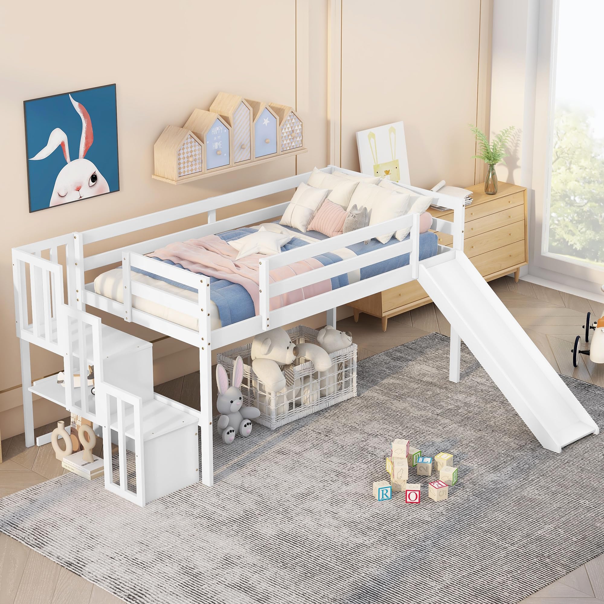 Bellemave Low Loft Bed for Kids,Twin Size Loft Bed with Slide and Storage Staircase,Wood Loft Bed Frame for Boys Girls Teens(White)