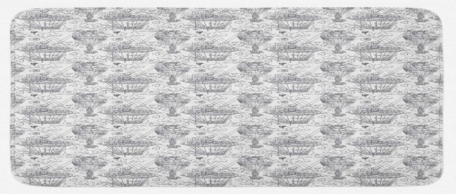 Ambesonne Retro Kitchen Mat, Vintage Hot Air Balloon Aircraft with Industrial Mechanics System on Sky Sketch, Plush Decorative Kitchen Mat with Non Slip Backing, 47" X 19", Black and White
