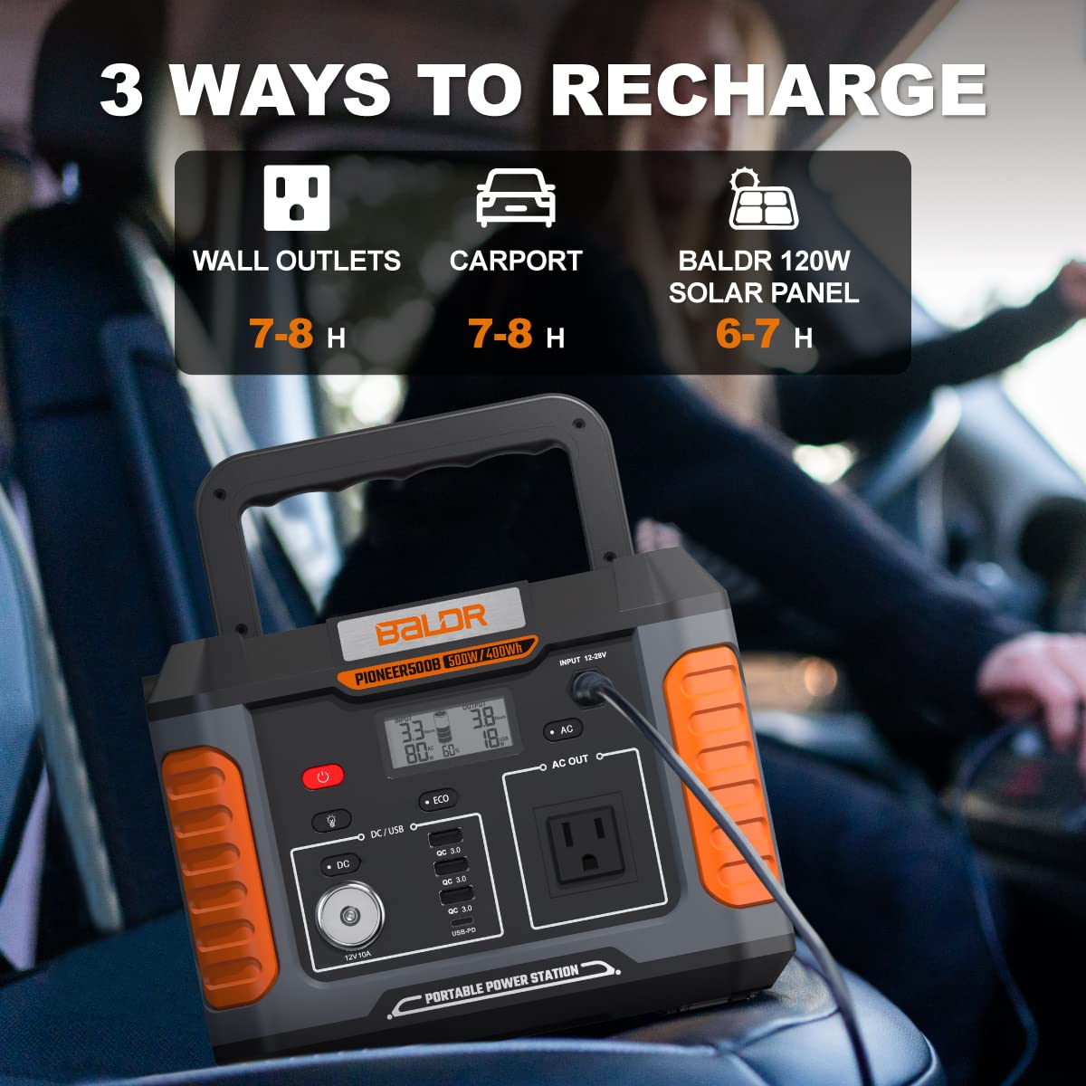 BALDR Portable Power Station 500W, 400Wh Outdoor Solar Generator Mobile Lithium Battery Pack with 120V AC Outlet (Solar Panel Optional) for Road Trip Camping, Outdoor Adventure