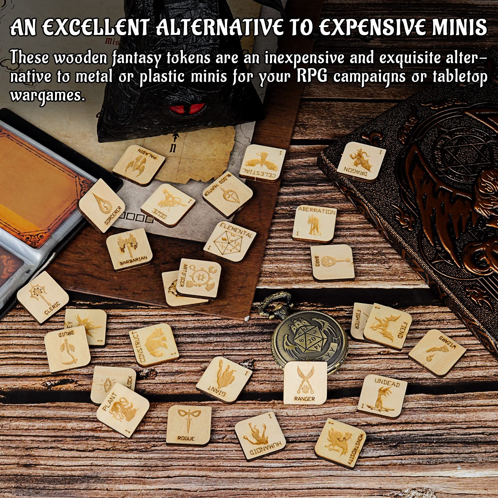 D&D Tabletop Game Tokens Fantasy RPG Hero and Monster Token Set of 112 Pieces Perfect for Dungeons & Dragons and Pathfinder (Wooden)