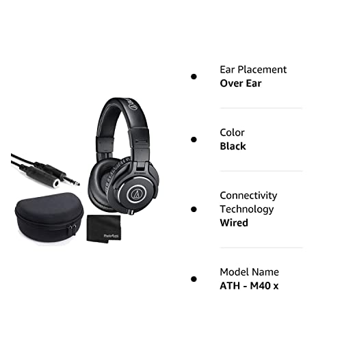 Audio-Technica ATH-M40x Professional Monitor Headphones + Headphone Case + 1/4 inch TRS Cable + Cleaning Cloth
