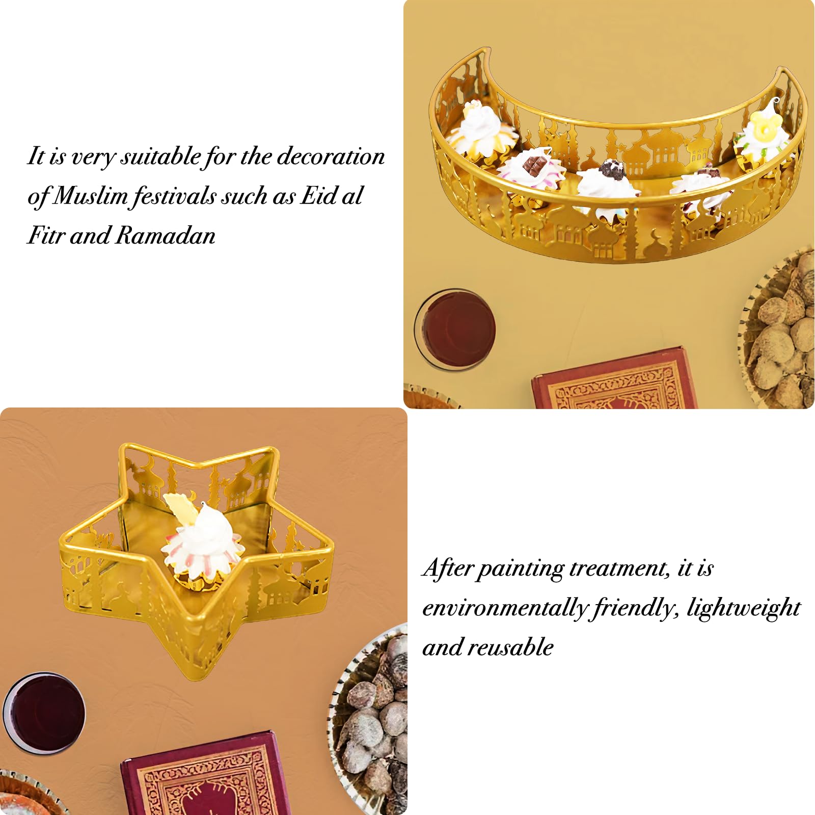 AOCEAN 2 Pcs Golden Ramadan Serving Tray Elegant Eid Mubarak Dessert Plate with Moon and Star Design Stylish Food Container for Ramadan Table Decor and Festive Gatherings (Carve)