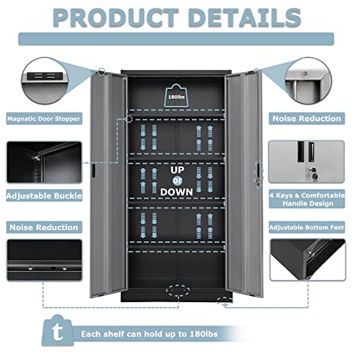 YEEZER Metal Garage Storage Cabinet - 71" Steel Lockable File Cabinet with 2 Doors and 4 Adjustable Shelves. Locking Cabinet for Home, Office, Garage, Gym, School