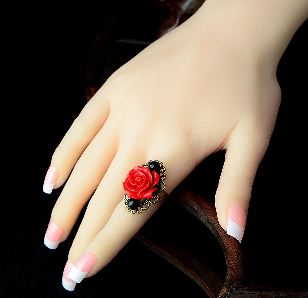 Antique bronze Colored Black Onyx agate With Big Red Rose Flower Women Open Band Ring,Adjustable