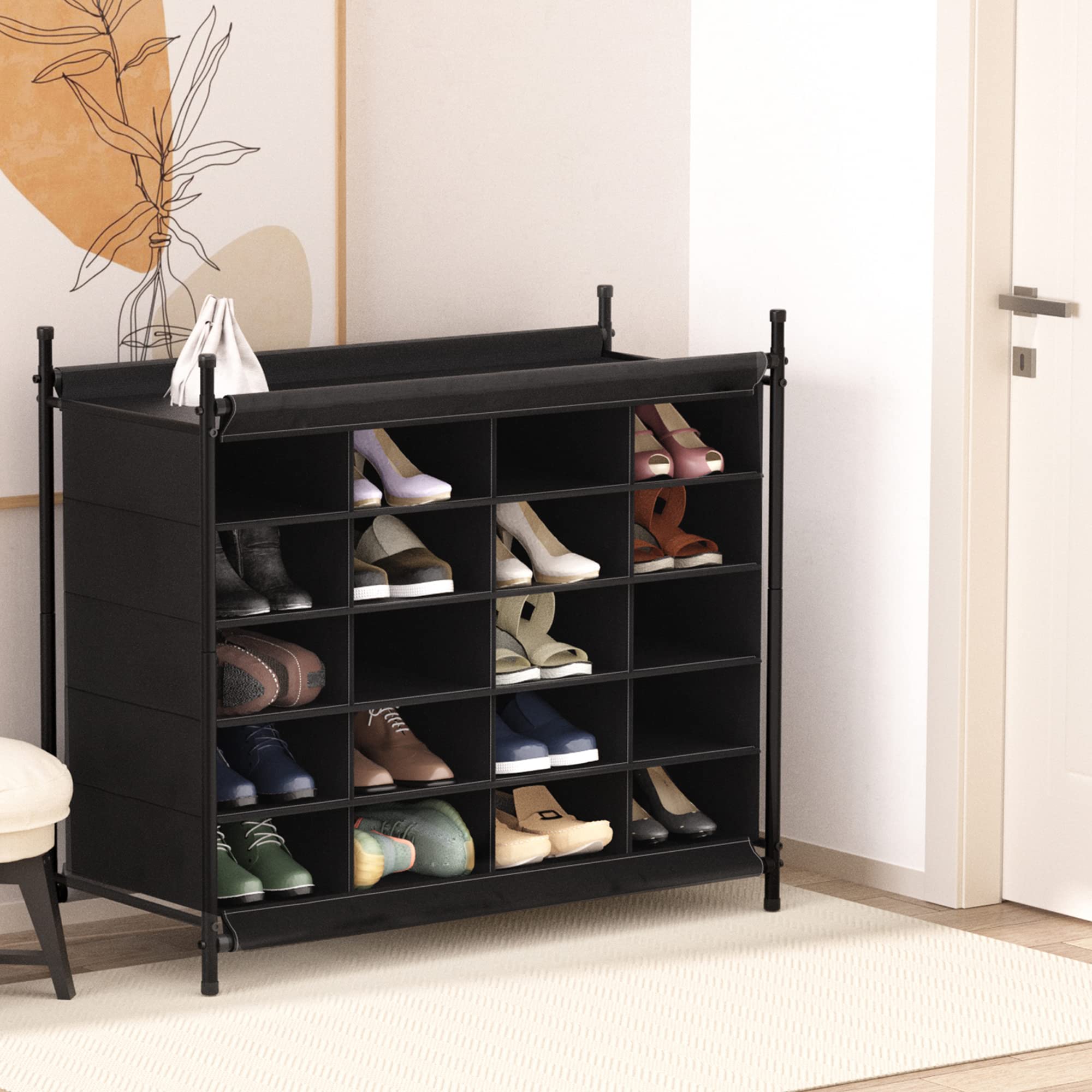 STO STO Shoe Rack Organizer, 5-Tier 20 Pairs Free Standing Stackable Shoe Rack Cubby for Entryway, Closet and Hallway, Black