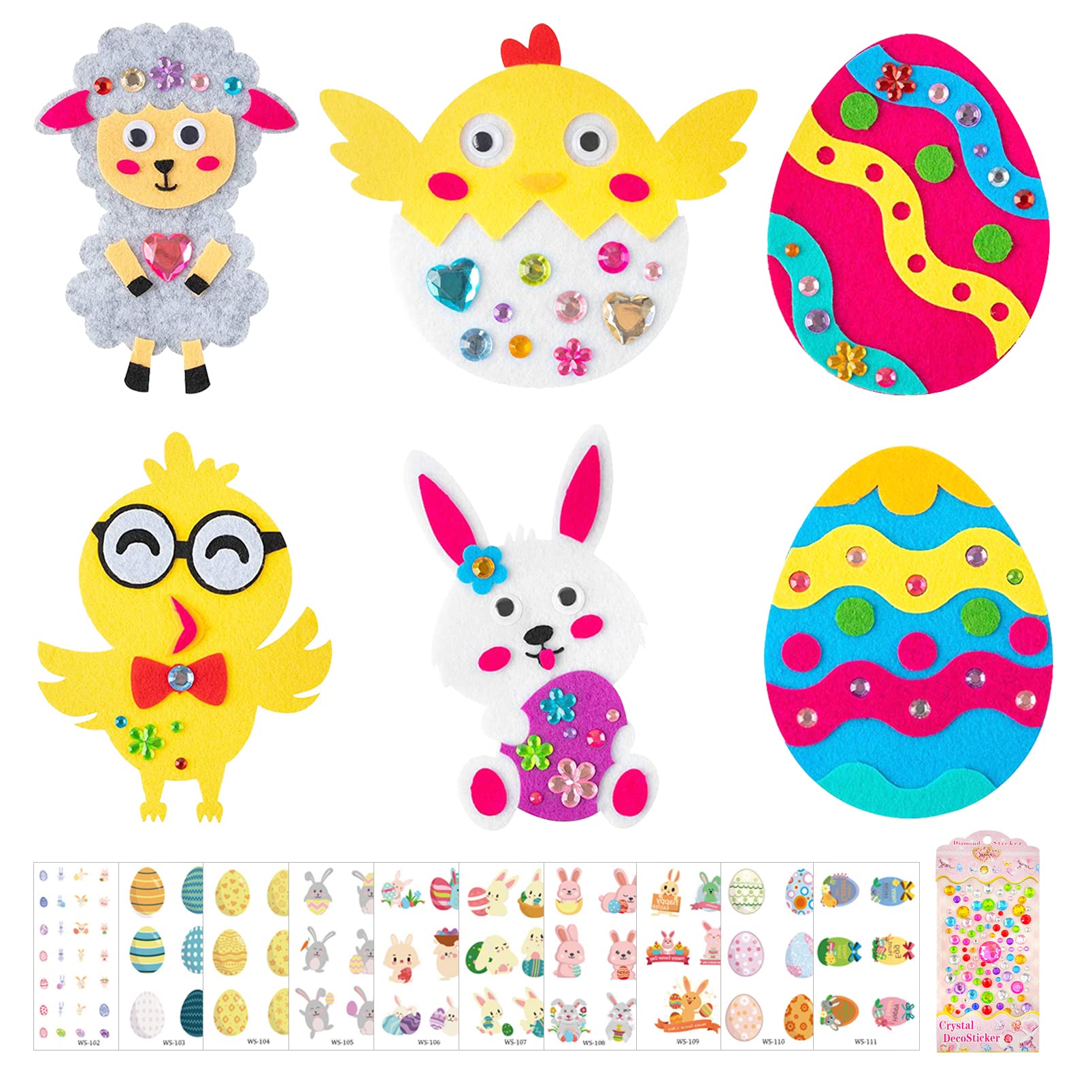 mengooo Easter Craft Kits for Kids,6 Pieces DIY Rabbit Felt Craft Ornaments,Easter Spring Party Decorations,Felt for Kids Wall,DIY Decals Art Ornaments Gift for Kids Window Scrapbook