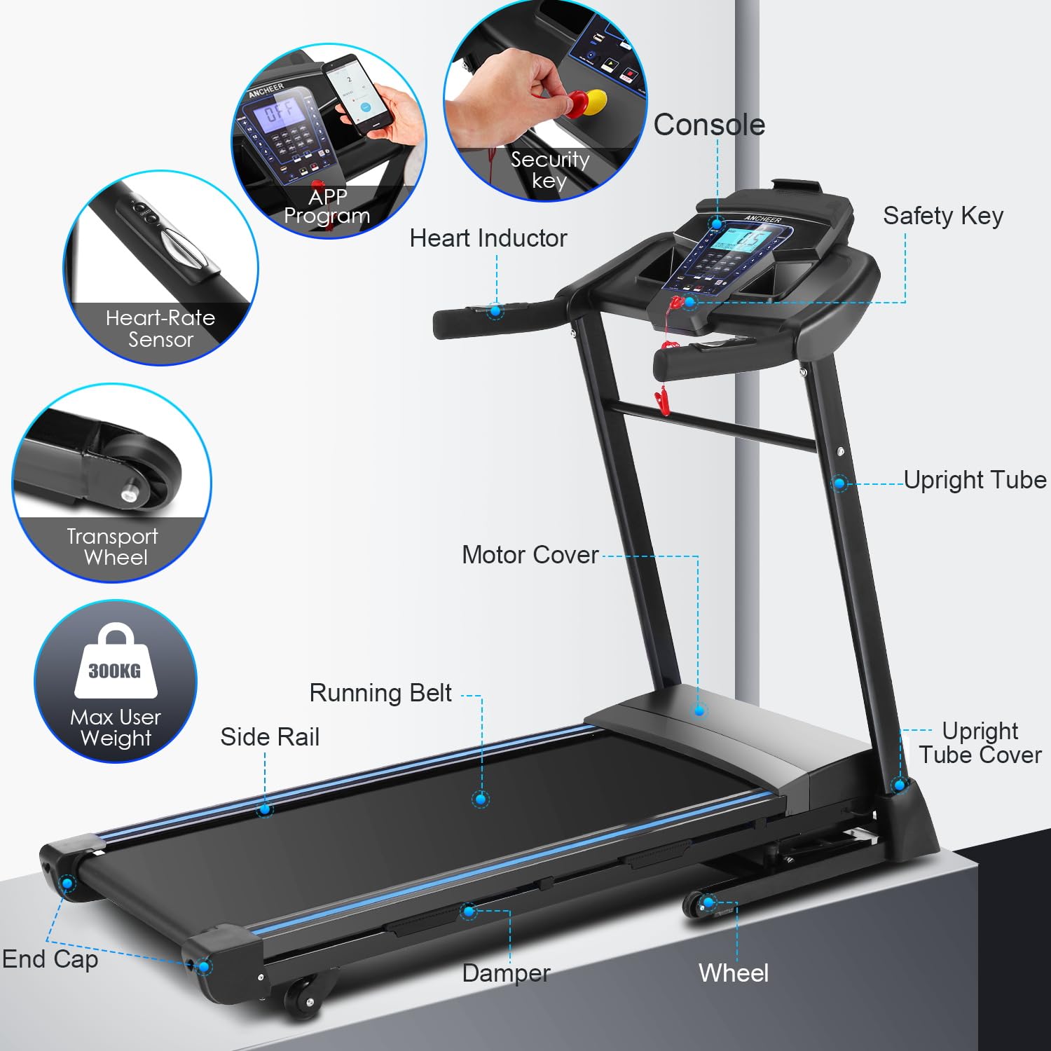 ANCHEER 3.25HP Treadmill,APP Treadmill 300lb Capacity,Folding Treadmills with 15% Auto Incline,Electric Smart Control Running Machines with Bluetooth Speaker,LCD Dispaly,Foldable Treadmill for Home