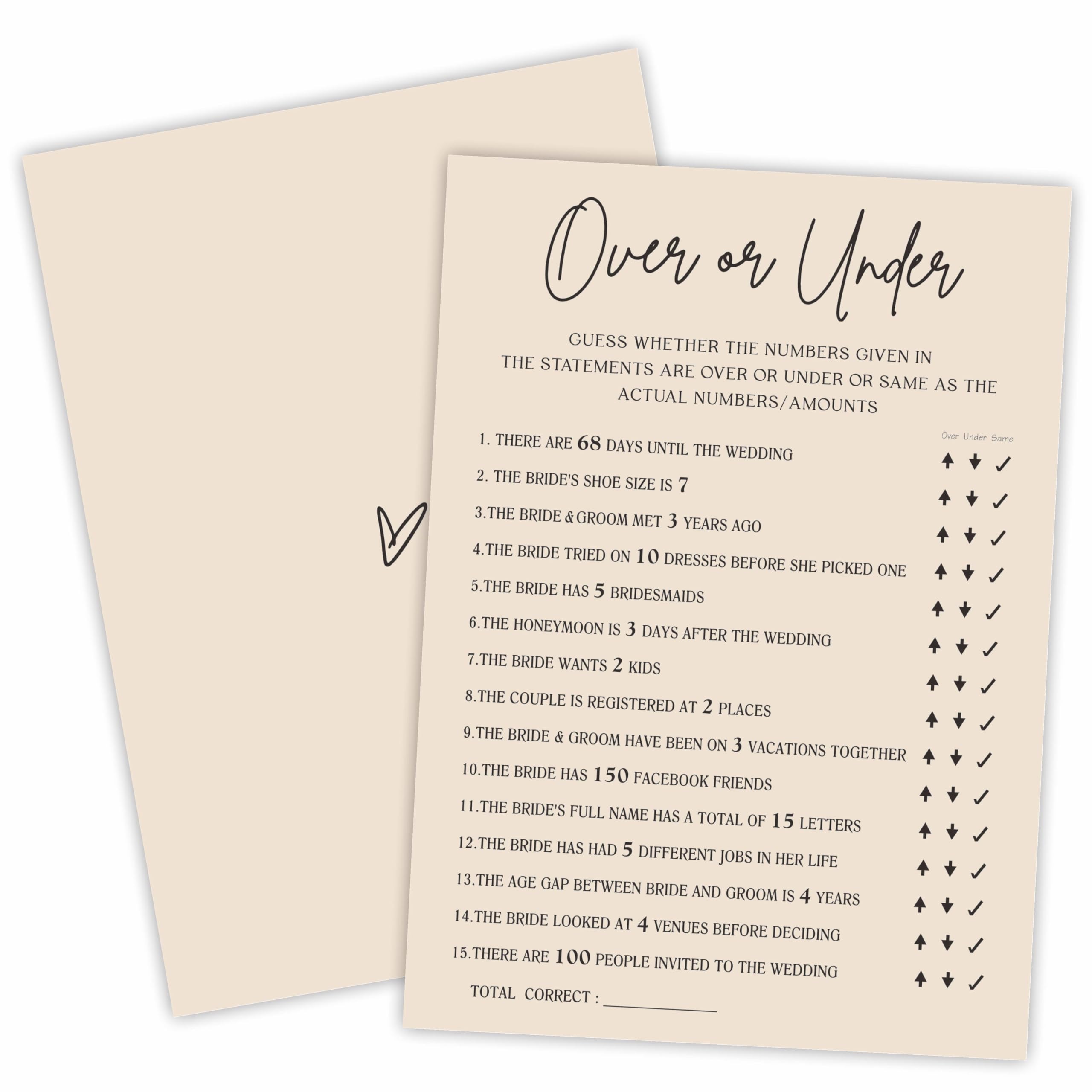 TPYEN Bridal Shower Game Cards - Guess Over Or Under Game - 30 Pcs Minimalism Khaki Wedding Party Games Game Cards, Engagement Party Game, Modern Bridal Shower Party Favor & Decorations - D04