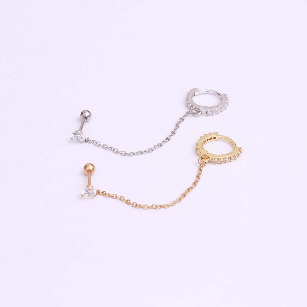 8mm CZ Small Hoop Earrings Dainty Clear Crystal Cartilage Stainless Steel 20g Screw Back Threader Chain Drop Dangle Stud Delicate Double Holes Cuff Wrap Crawler Climbers Hypoallergenic Studs (Silver)