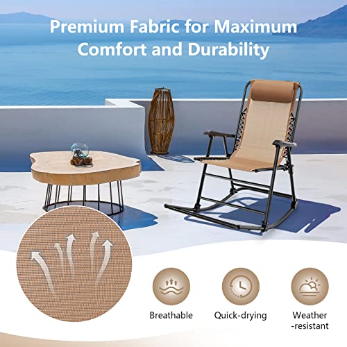 Tangkula Outdoor Folding Rocking Chair, No Assembly Required, Foldable Rocker Recliner with Headrest, Portable Lounge Chair for Camping, Patio, Lawn, Garden, Yard or Balcony Beige