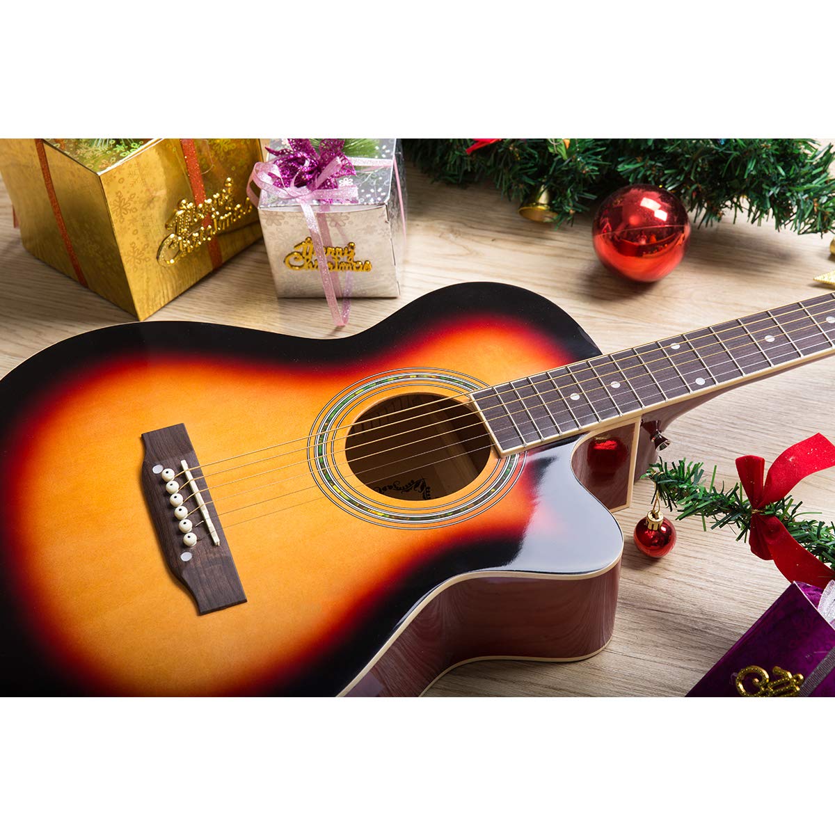 ARTALL 39 Inch Handmade Solid Wood Acoustic Cutaway Guitar Beginner Kit with Gig Bag, Strings, Picks, Strap, Glossy Sunset