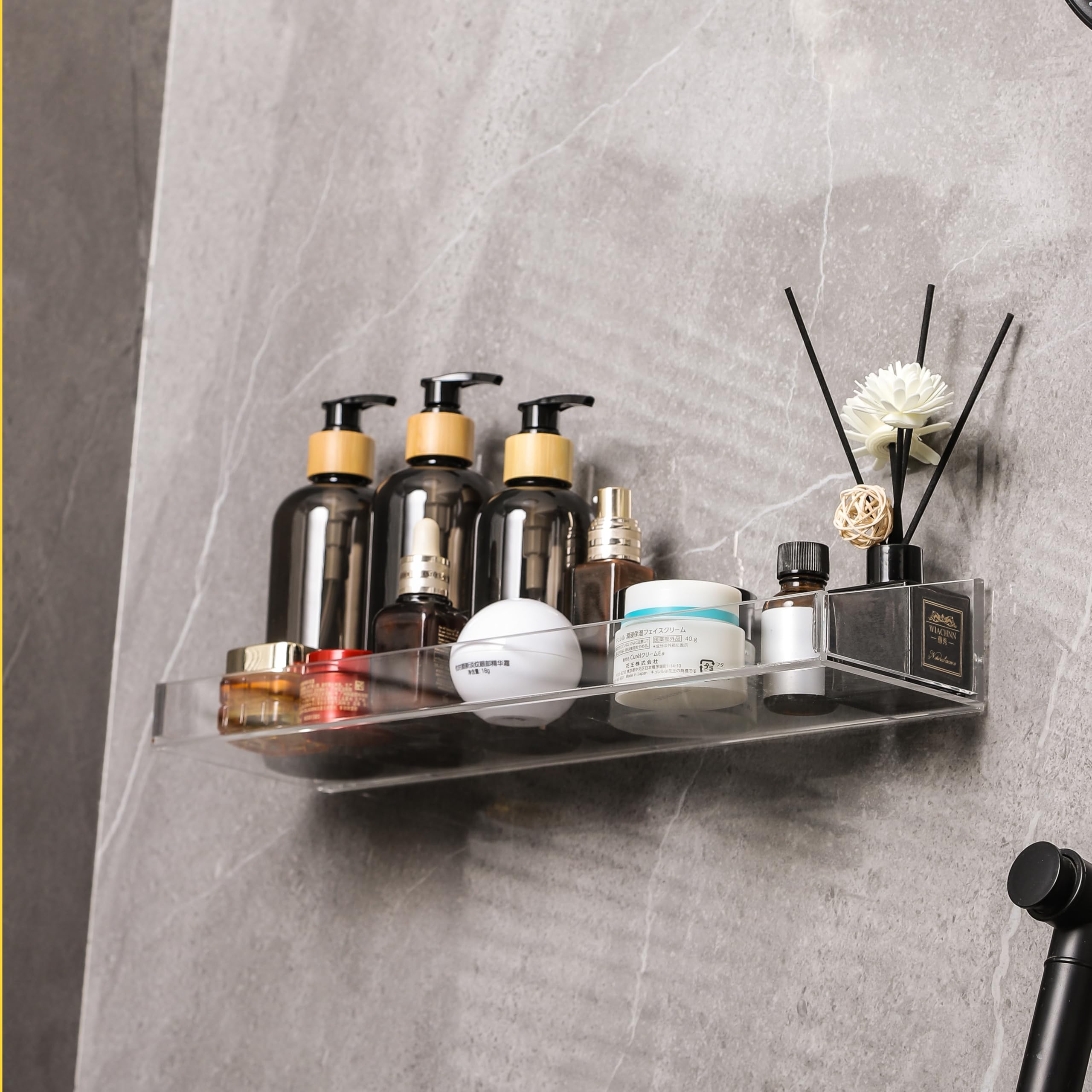 BLBYHO 2 Pack Acrylic Bathroom Shower Shelves Shower Caddy, 15" Clear Shower Organizer Floating Shelves Stick on for Bathroom Wall Mounted, Provide Adhesive Strips & Mounting Screws