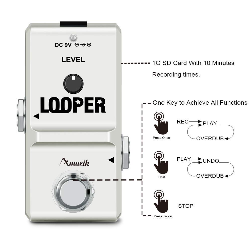 Amuzik Tiny Looper Effect Pedal Loop Pedal for Electric Guitar, Guitar Effects Pedal, 10 Minutes of Looping Unlimited Overdubs SD Card inside easy and quick