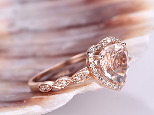 8mm Heart Shaped Cut Pink Morganite 14k Rose Gold Diamond Halo Marquise Engagement Ring Wedding Band
