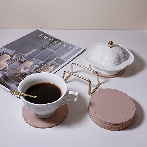 Drawwind Coaster Set of 6 with Metal Holder, Leather Coasters for Drinks with Cork Base, Pink Coaster for Coffee Table, House Warming Gift for New Home Decor