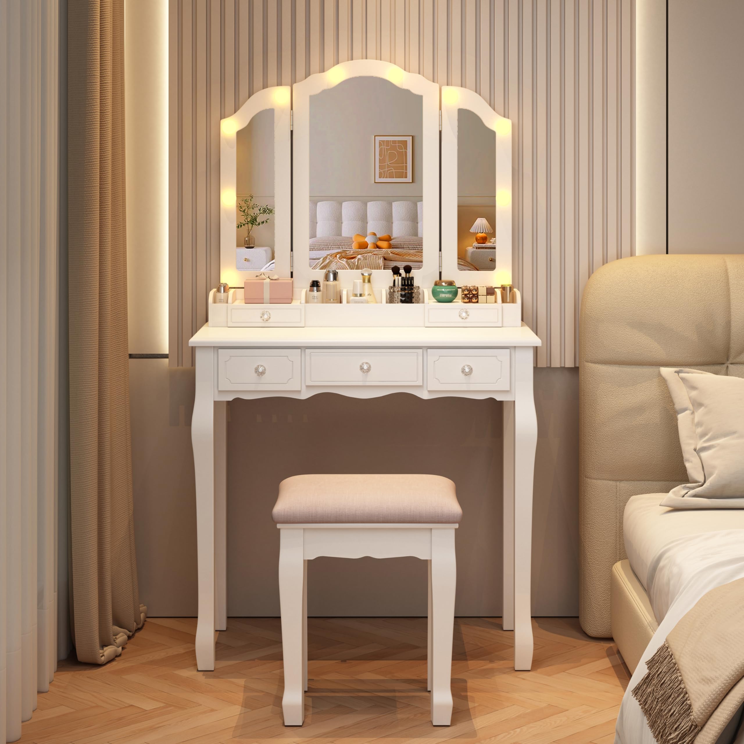 BLEXA White Makeup Vanity Table Set Vanity Desk with Light and Mirror Vanity Table with Drawers and Cushioned Stool Makeup Table with Mirror for Women and Girls(White) 