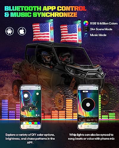 CO LIGHT Fat Spiral LED Whip Lights Thick Antenna 2FT Remote Control RGB Chasing/Dancing Light for UTV ATV 2PCS, APP-Supported 300 Colors & 200 Modes with Turn Signal, Brake Light, Reversing Light