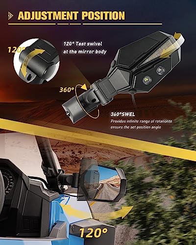 CO LIGHT UTV Side Rear View Mirrors LED Light Aluminium White Green Lights with Amber Turn Signal, Tube Clamp, Fits 1.5-2 Inch Roll Cage Bar, Compatible with Side by Side RZR Pioneer Rhino Wolverine
