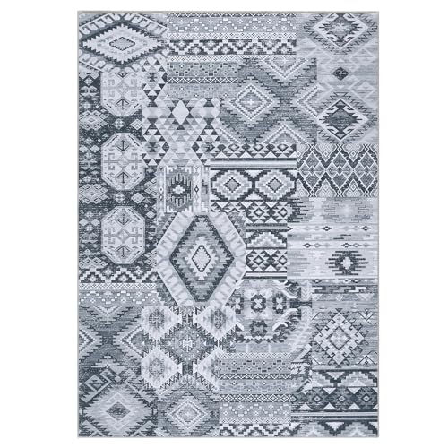 CAREMEE Machine Washable Area Rug 3x5 Tribal Entryway Mat Vintage Distressed Rug Indoor Low Pile Thin Rug Cozy Non Slip Foldable Area Rug for Living Room Bedroom Dining Room Grey