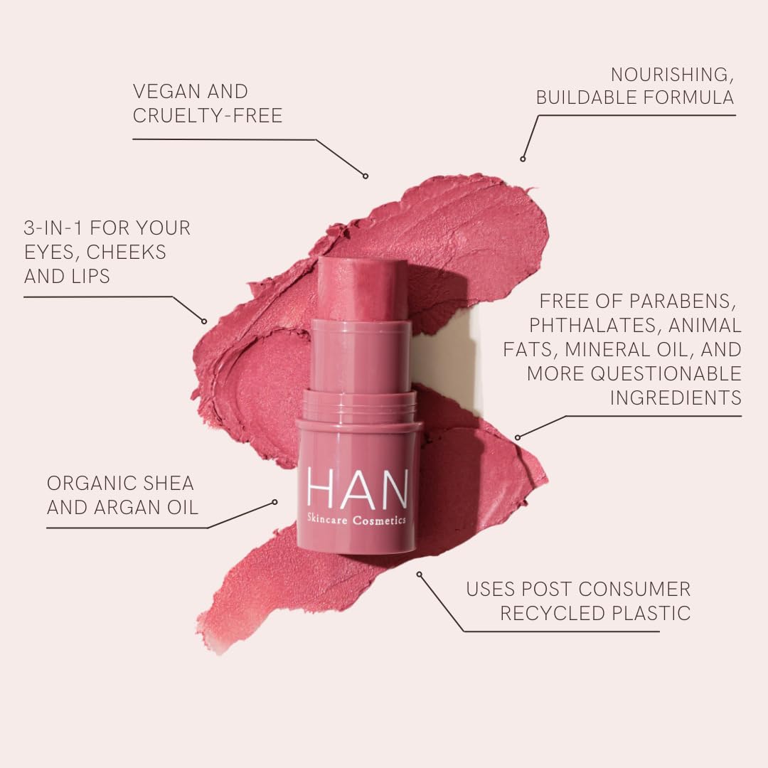 HAN Skincare Cosmetics Vegan, Cruelty-Free 3-in-1 Multistick for Cheeks, Lips, Eyes, Pink Peony
