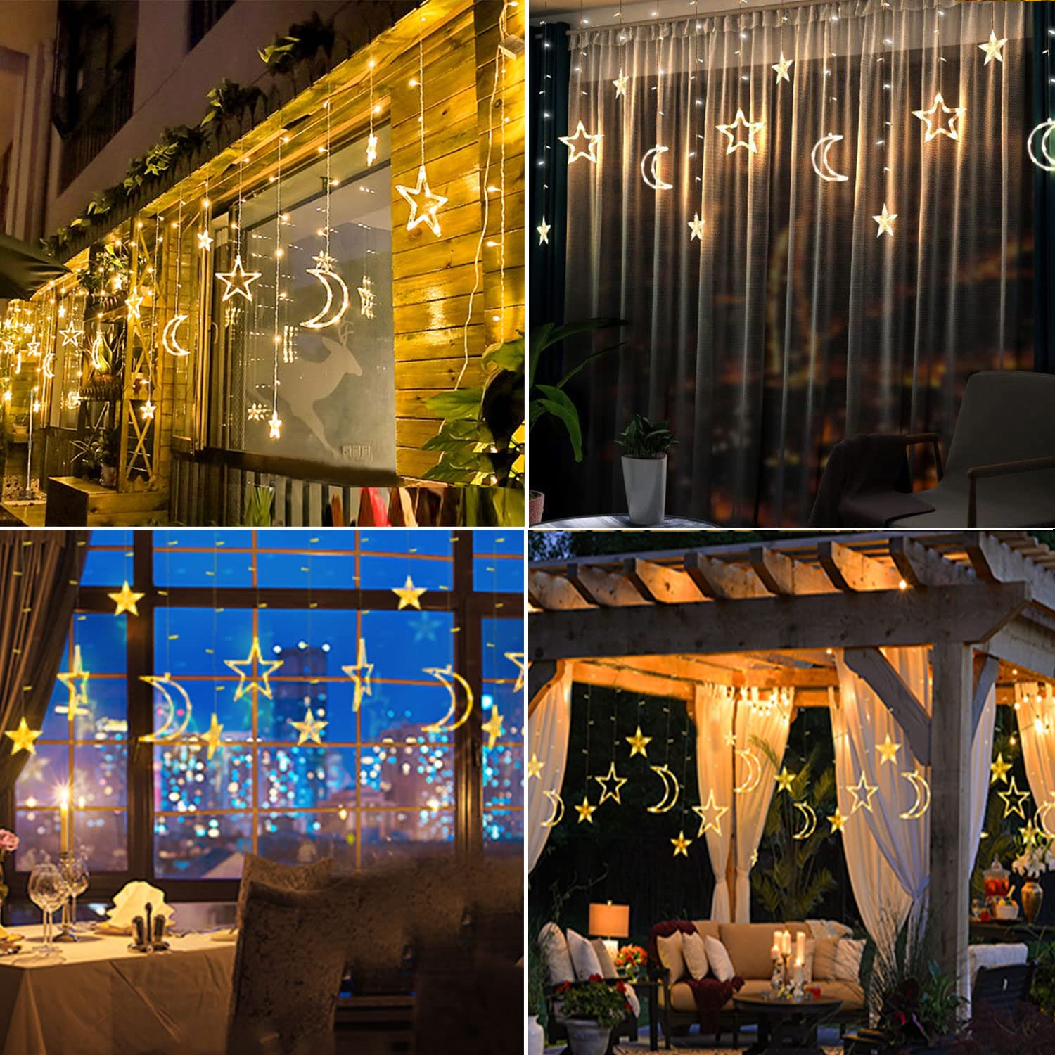 CSX Solar String Lights 138LED Moon Star Twinkle Lights with Remote 8 Lighting Modes Curtain Lights Window Lights Hanging Fairy Lights Outdoor Waterproof for Yard Garden Patio Ramadan Christmas Decor
