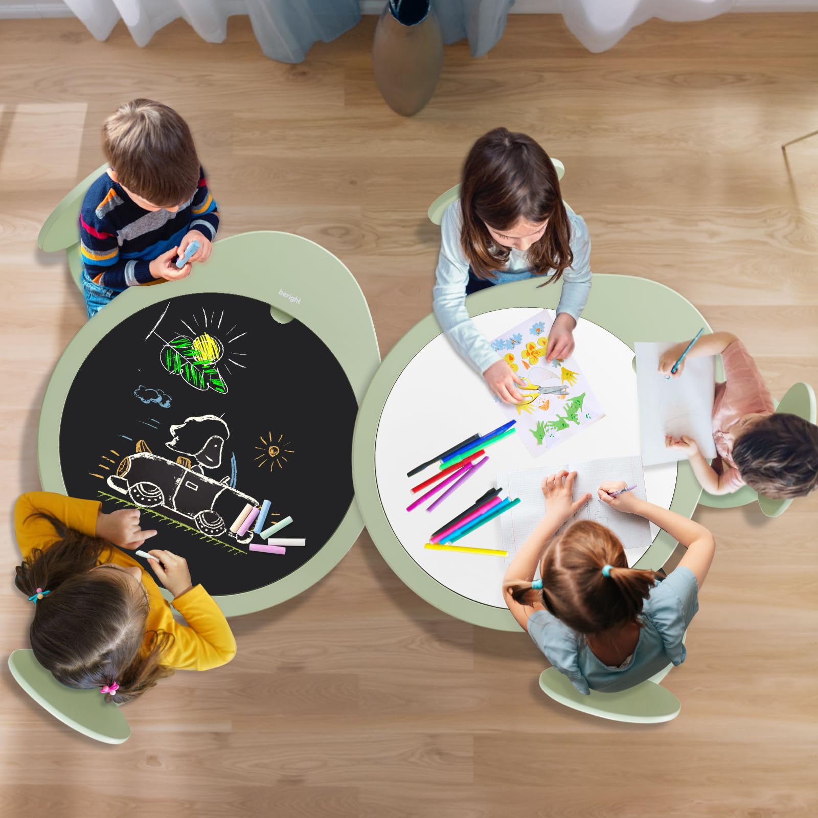 Beright Kids Table and Chairs Set, Kids Wooden Play Table with 2 Chairs, Kids Round Table for Toddlers, Suitable for Bedroom, Playroom and Kids' Room, with Removable Top Panel and Storage Bag, Green