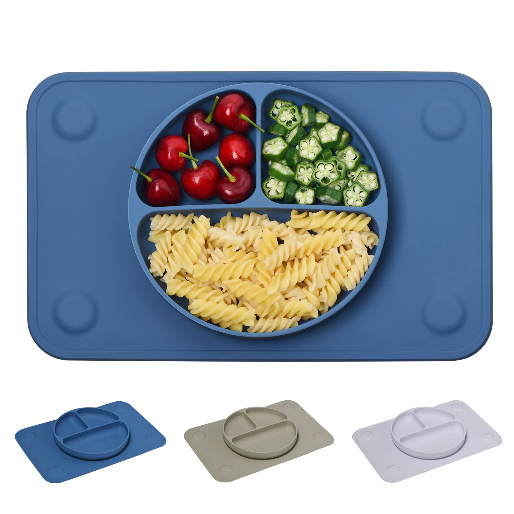 BABELIO Baby Plates with Suction, Silicone Suction Plate for Toddlers & Babies, Divided Dishes | Placemat Plate Design | 100% Silicone | BPA Free | Dishwasher Safe (Blue)