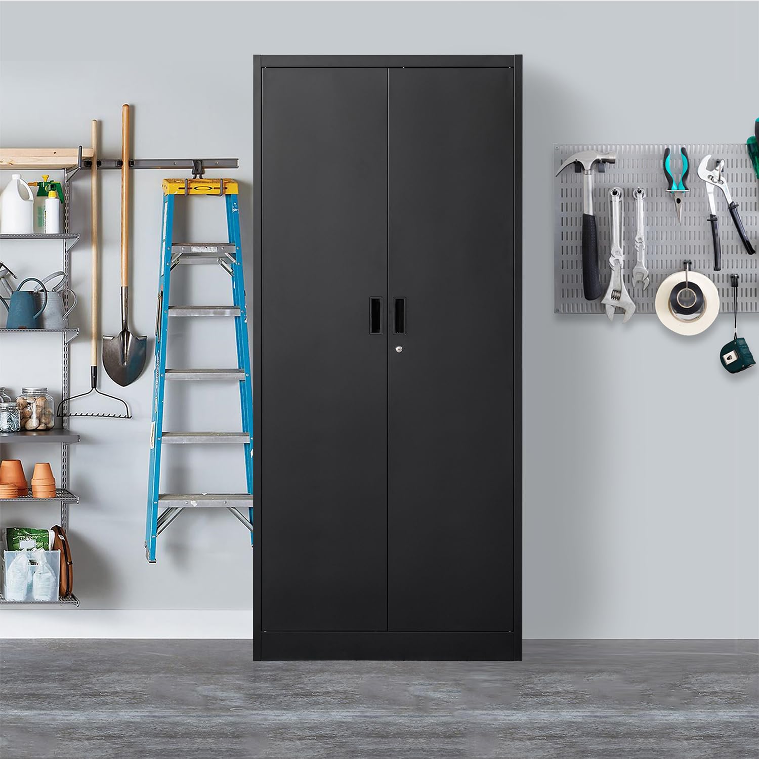 Metal Storage Cabinet with 2 Doors and 4 Shelves, Lockable Steel Storage Cabinet for Office, Garage, Warehouse, 70.86" H x 31.5" W x 15.75" D (Black)
