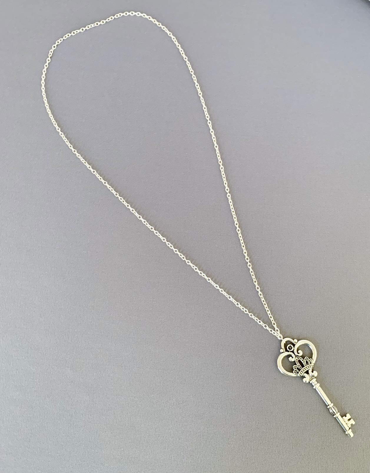 Antiqued womens Silver key necklace 27 long necklace chain skeleton key pendant silver chain