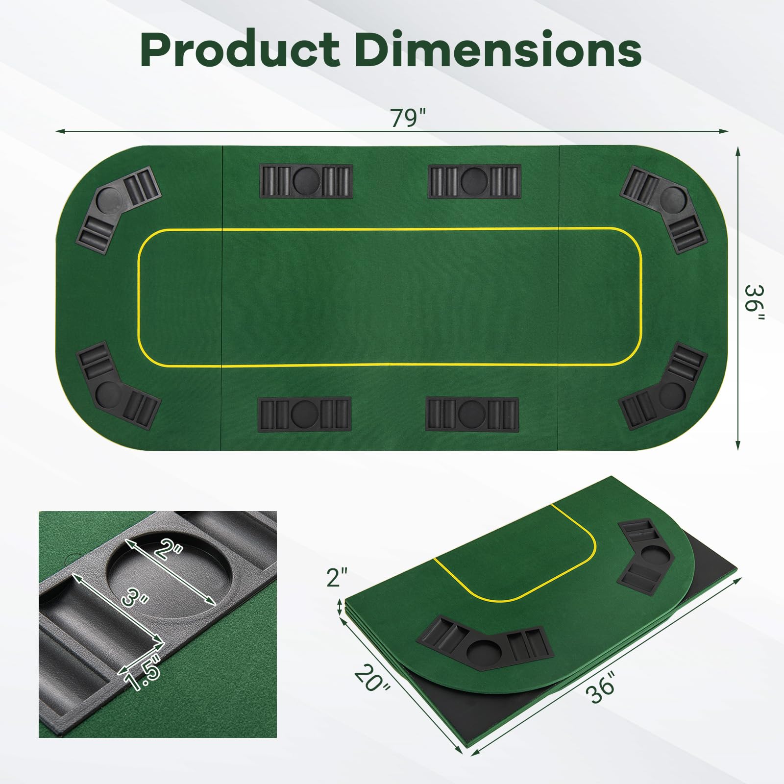 Giantex 79 x 36 Inch Poker Table Top, Foldable 8 Player Texas Holdem Poker Table Topper w/Carry Bag, Cup Holders, Chip Trays, Portable Anti-Slip Blackjack Card Board Poker Mat Layout for Casino