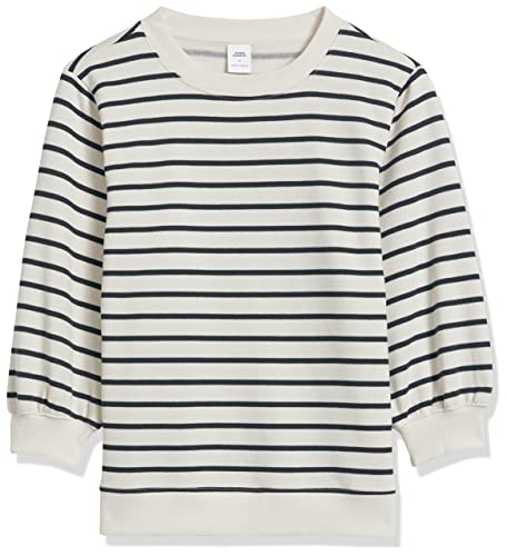 Amazon Essentials Women's French Terry Fleece Sleeve Detail Crewneck Sweatshirt, Black White Stripe, Large