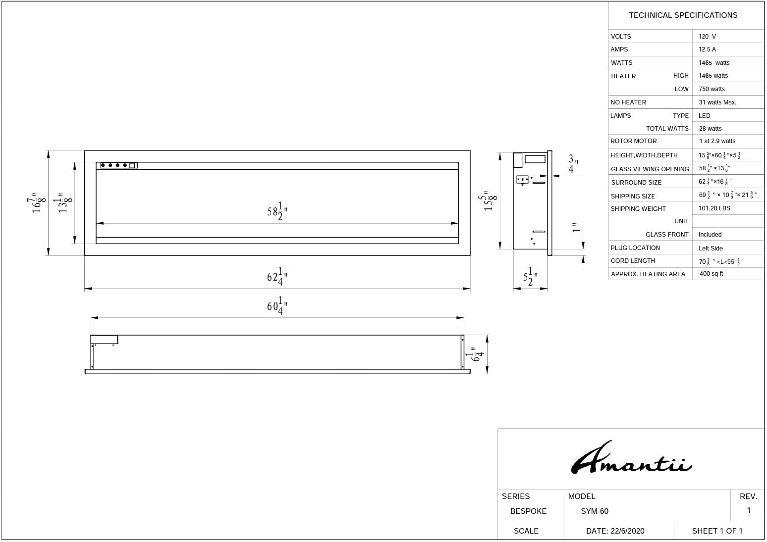 Amantii SYM-60-BESPOKE Symmetry Series Bespoke 60-Inch Built-in Electric Fireplace with Remote, Ice Media, Black Steel Surround