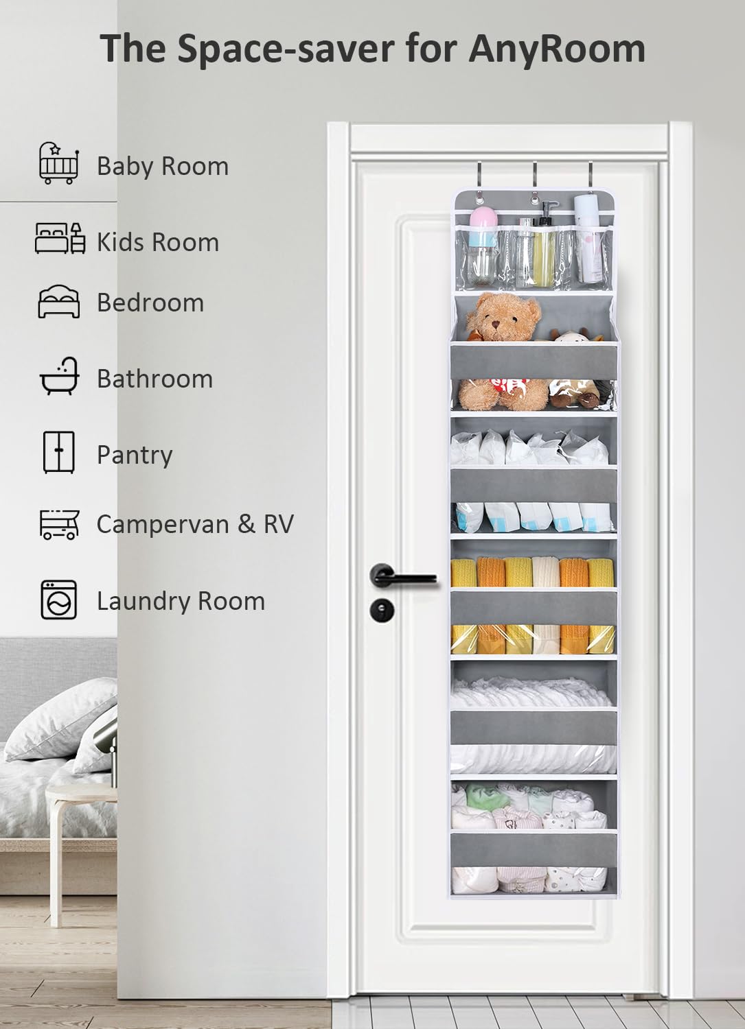 BLOROOM Over the Door Organizer Hanging Storage with 3 clear slip pockets and 5 Large Pockets 10 Side Pockets Closet Door Organizer Heavy Duty Baby Organization for Bathroom,Pantry,Bedroom,Nursery