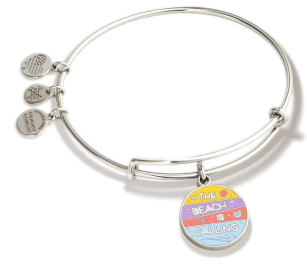 Alex and Ani Words Are Powerful Expandable Bangle for Women, The Beach Is Calling Charm, Shiny Silver Finish, 2 to 3.5 in