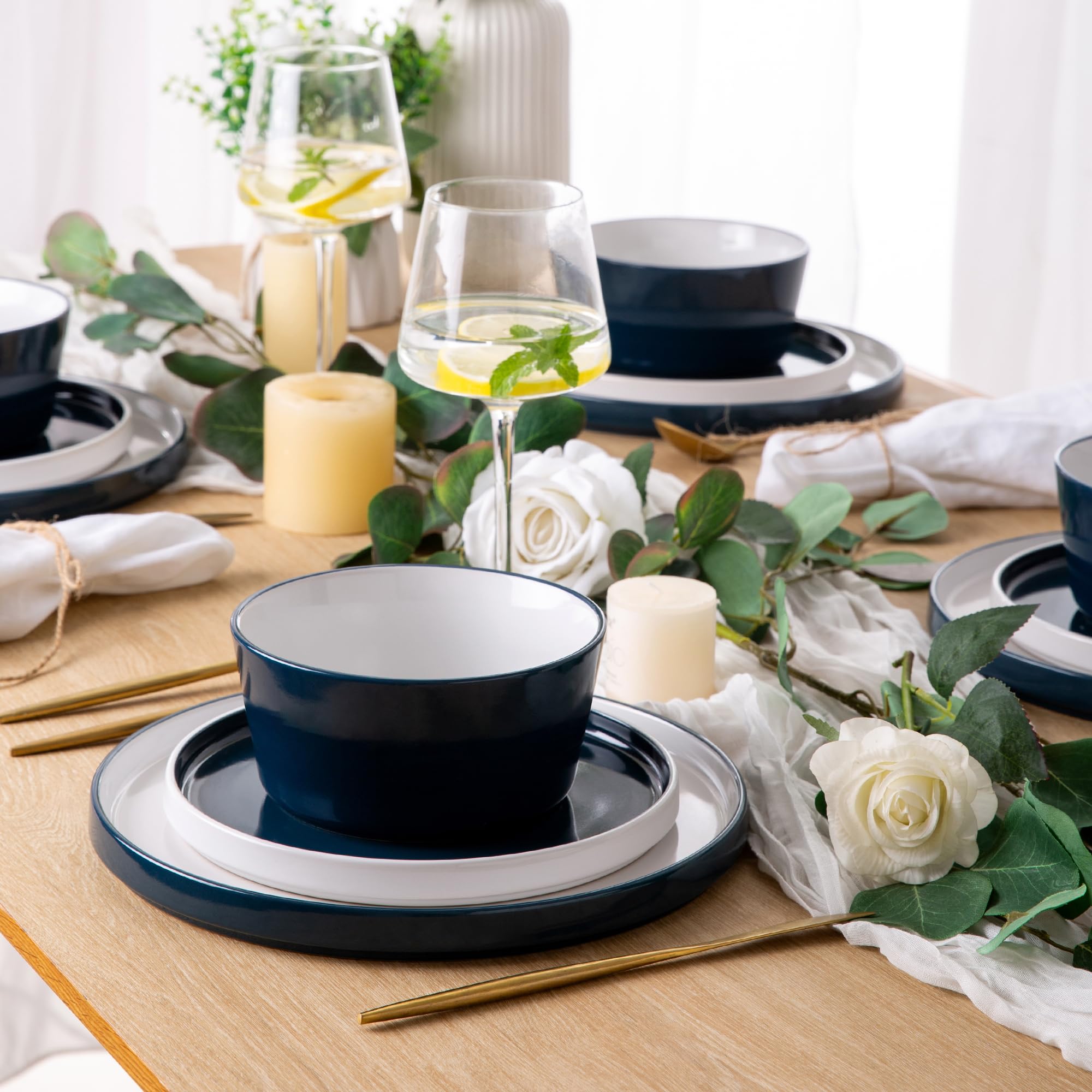 AmorArc Ceramic Dinnerware Sets for 4,12 -Piece Double Color Stoneware Plates and Bowls Set,Chip and Crack Resistant | Dishwasher & Microwave Safe Dishes Set,Service for 4 -White &Gray