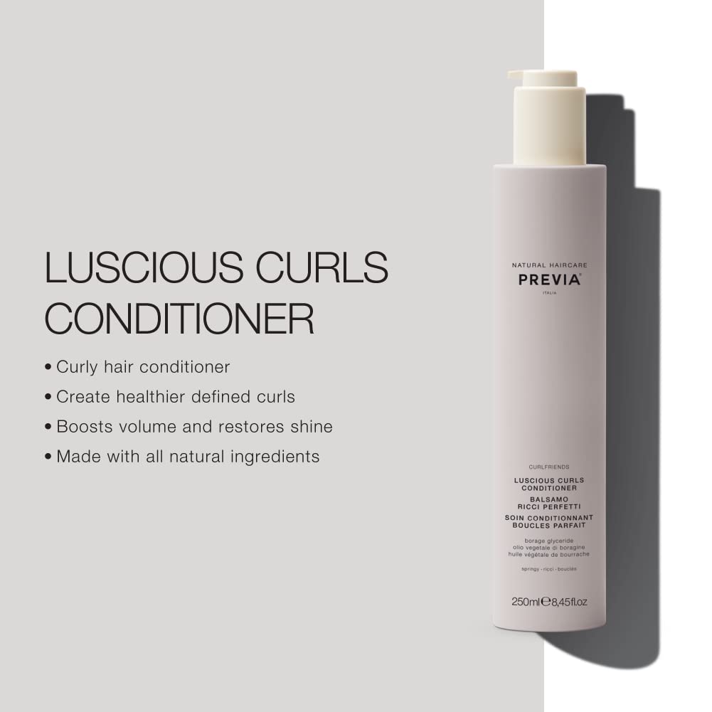 PREVIA Curls Conditioner for Natural Curly Hair | Anti-Dandruff, Moisturizing, Frizz Control | Vegan, Gluten-Free, Sulfate-Free, Shiny, Bouncy Curls, Sustainable Packaging - 8.45 oz