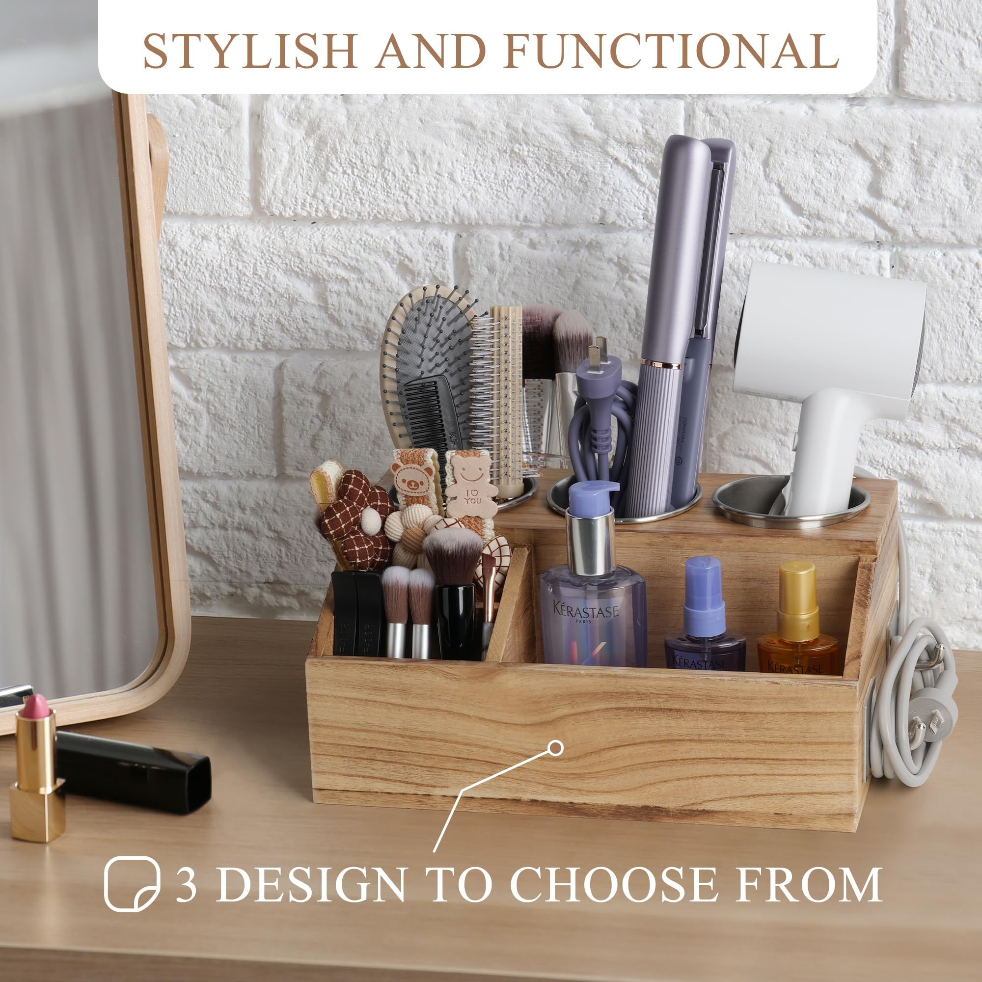 Sofiniks Wooden Hair Tool Organizer, Blow Hair Dry and Straightener Holder, Curling Iron Holder, Flat Iron Holder, Styling Tools Dryer Organizer Storage for Bathroom Vanity Countertop
