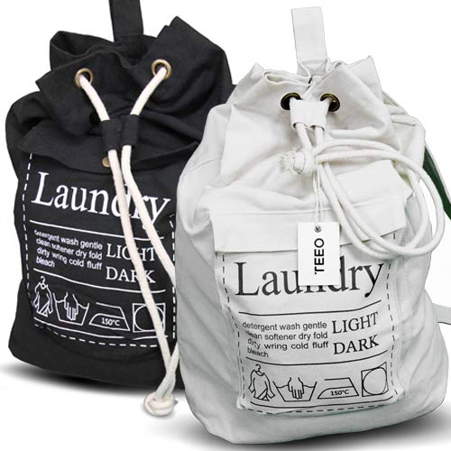 Teeo - College Laundry Bag - Dorm Room Essentials for College Students - Laundry Bag for Travel - Dirty Clothes Bag - Backpack Large 25βX20β Drawstring 100% Sturdy Cotton Canvas (1, Black/White)