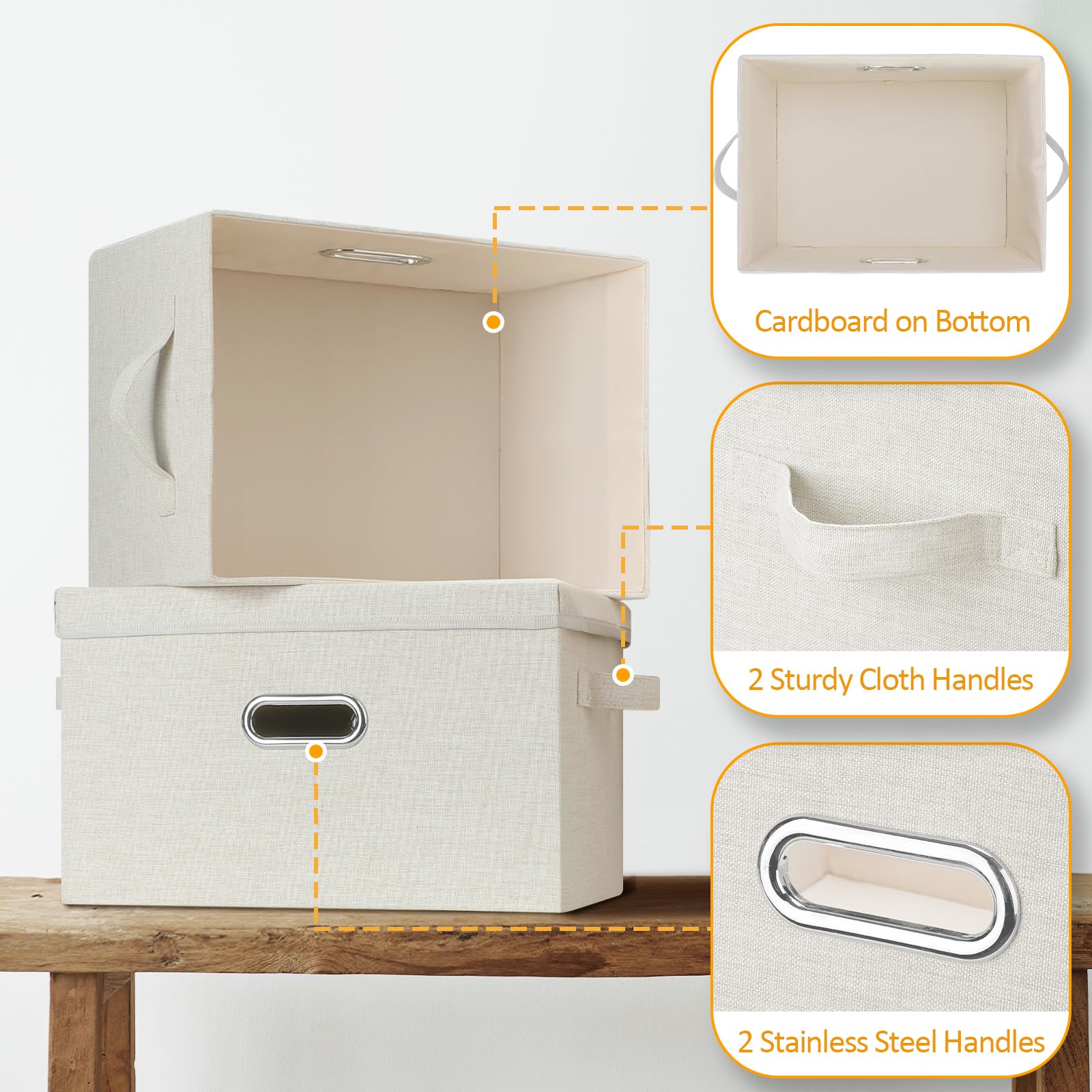 Bellzacasa Collapsible Storage Bins with Lids, 3 Pack Linen Fabric Foldable Storage Bin Cube with Handles, Storage Baskets Box Closet Organizers and Storage Containers, Beige, 14.6x10.5x8.5